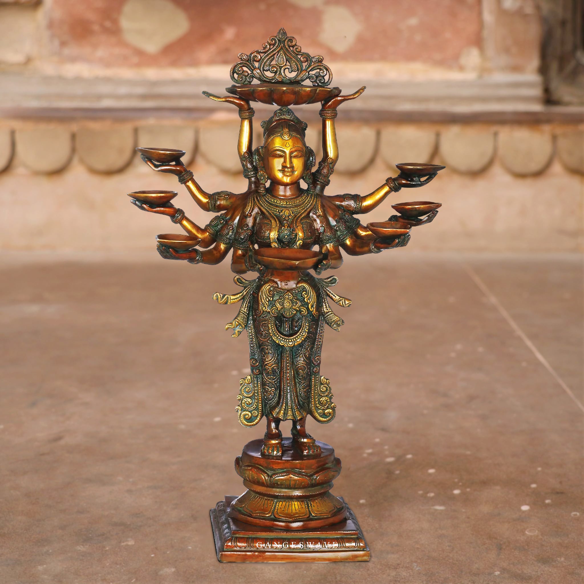 Vintage Finish Brass Deep Lakshmi Diya - 27 inches - Gangeswave | Buy ...