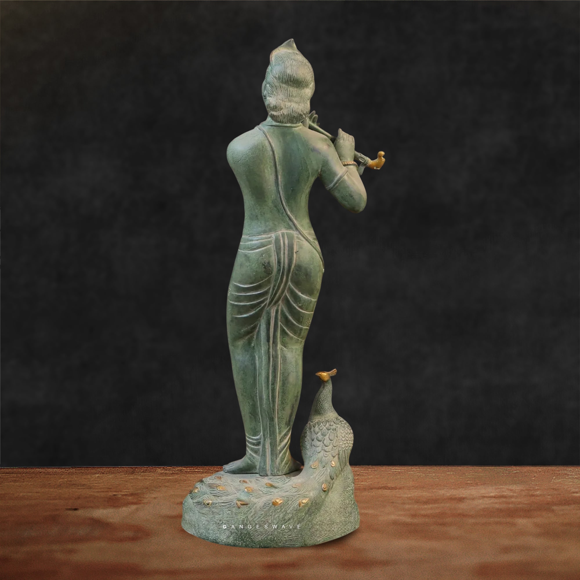 Vintage Green Krishna Brass Statue Playing Flute - 30 inches ...