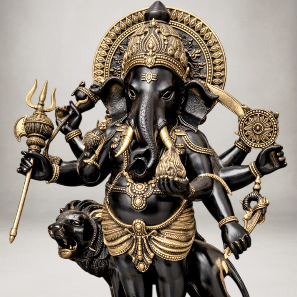 Dashabhuja Brass Ganesha Idol with Lion Base - 24 inches - Gangeswave ...